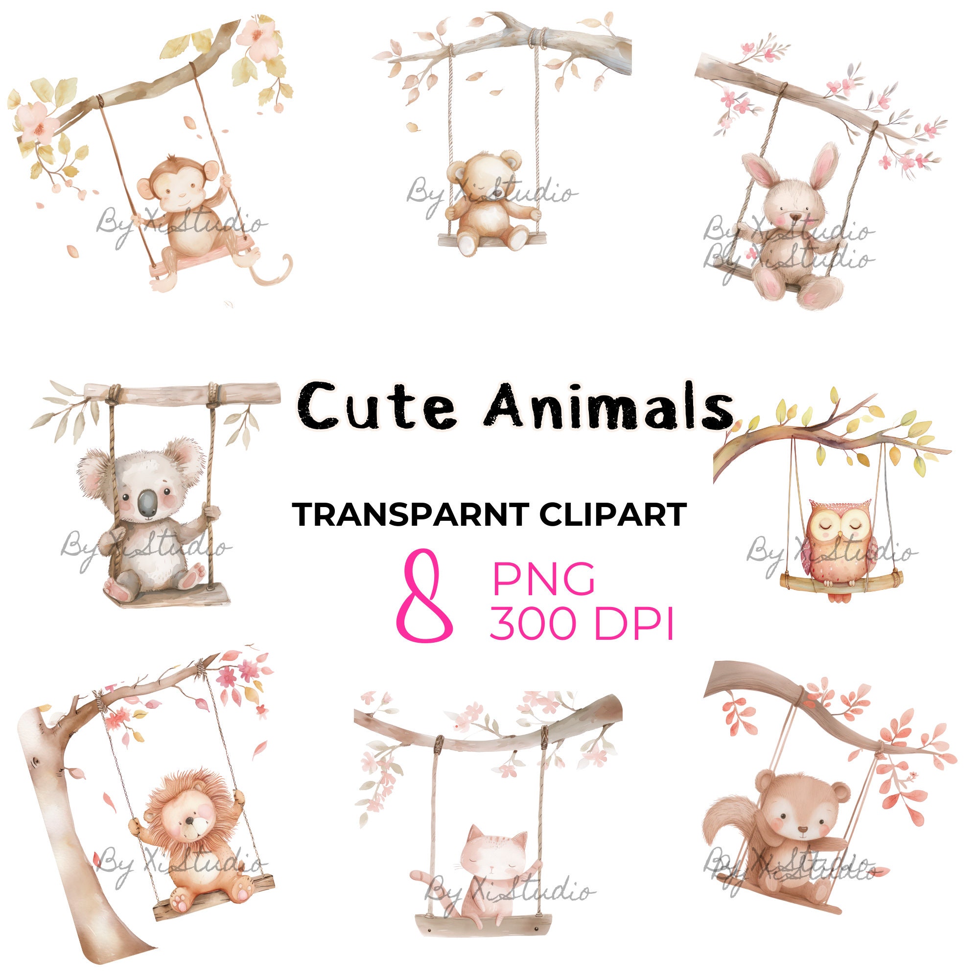 Watercolor Baby Animals on Swing Clipart, Cute Animals Clip Art, Lion ...