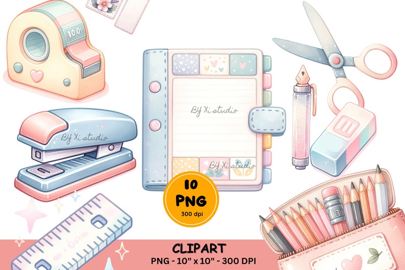 Watercolor Stationery Clipart, Back to School Clip Art, Cute Stationery ...