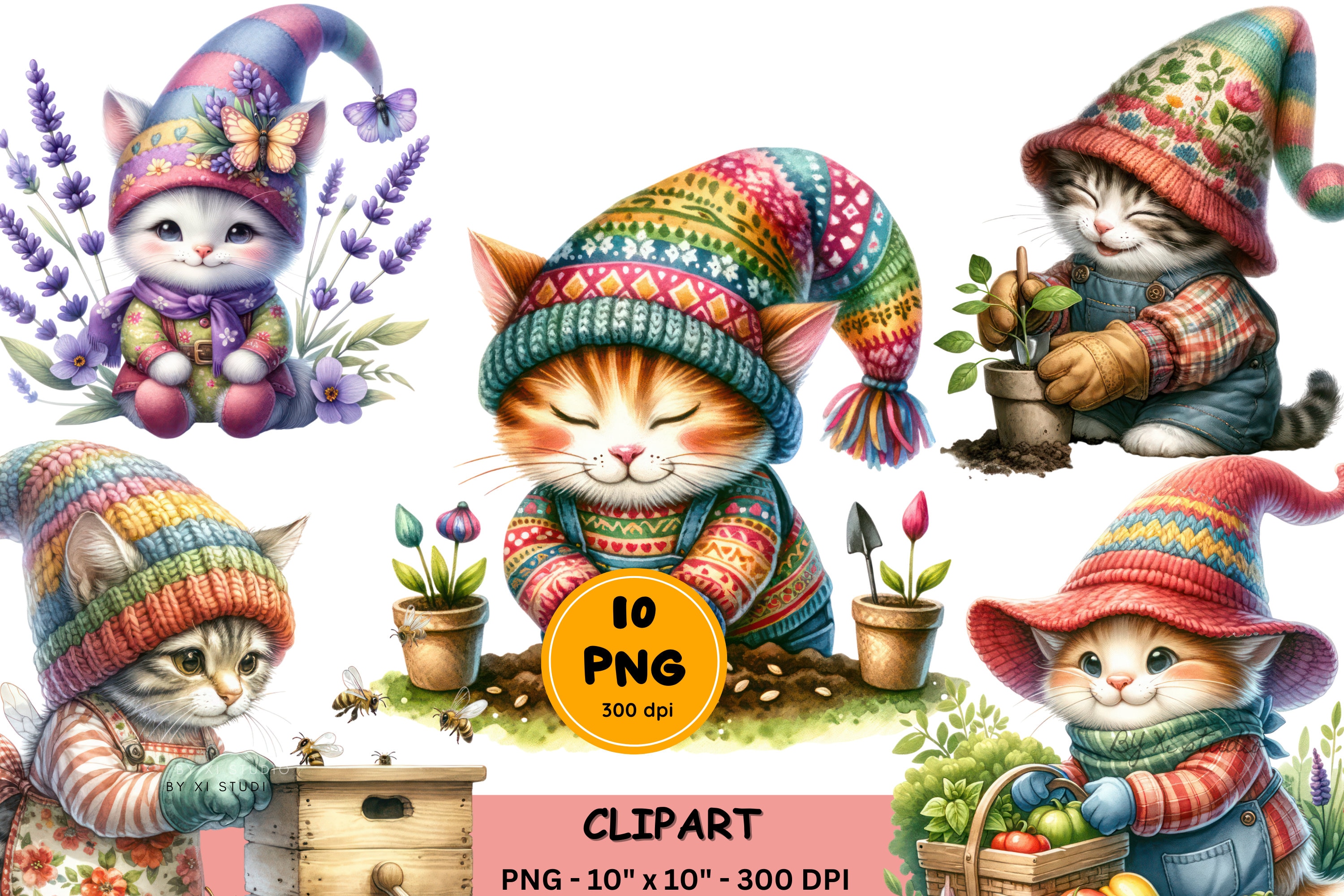 Cute Garden Cat Clipart, Spring Cat PNG, Gardening Cat Sublimation ...