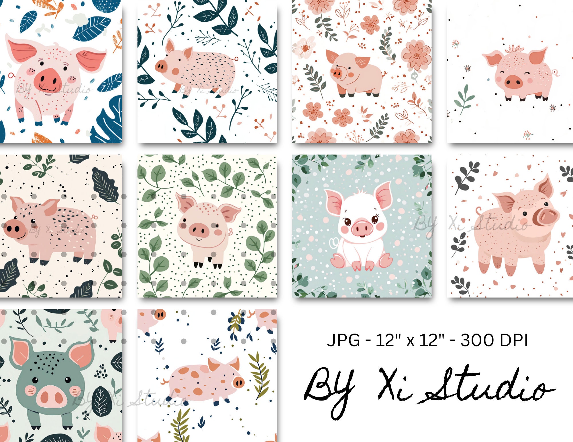 Cute Pig Illustration Digital Paper Pack, Seamless, Printable Craft ...