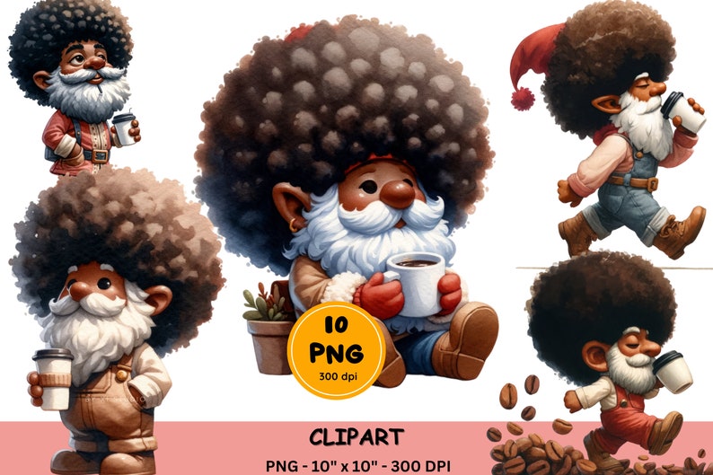 Afro Coffee Gnome Clipart, Black Gnome PNG, Coffee Gnome Clip Art ...