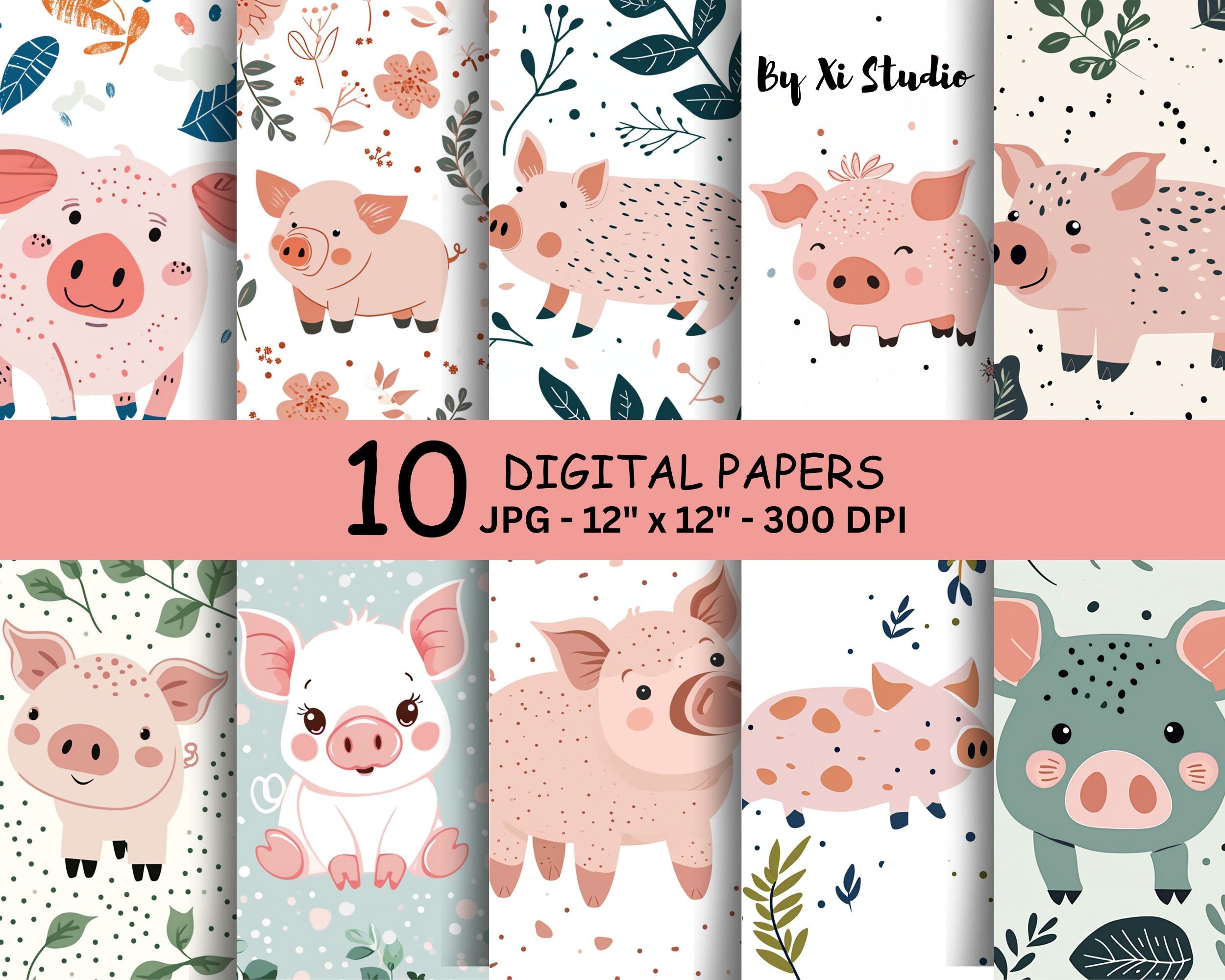 Cute Pig Illustration Digital Paper Pack, Seamless, Printable Craft ...