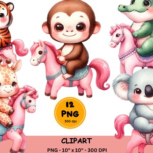 Watercolor Safari Animals on Pink Carousel Clipart, Cute Baby Animals ...