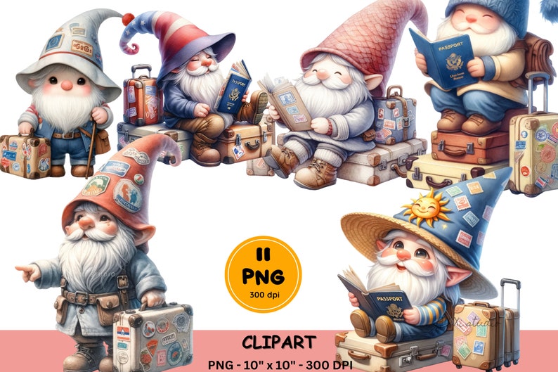 Watercolor Travel Gnome Clipart, Luggage, Suitcase Gnome Illustration ...