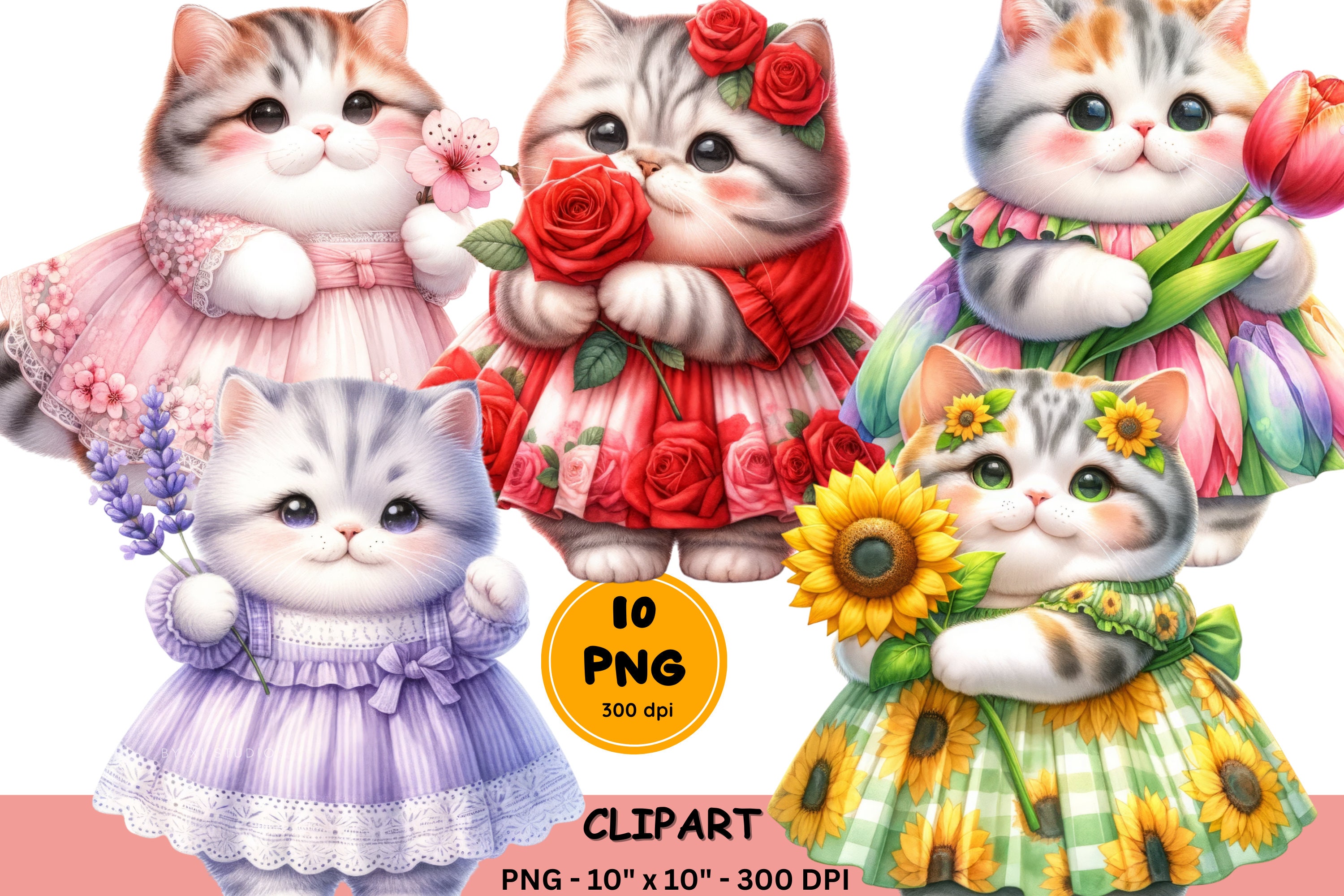 Cute Cat With Flower Clipart, Spring Cat Clipart, Watercolor Kitten ...