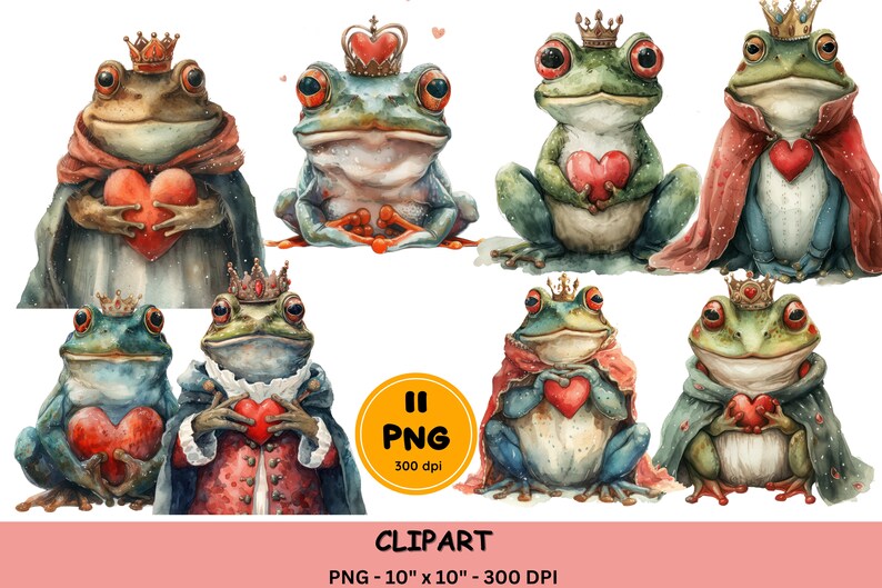 10 Watercolor Prince Green Frog Holding Heart Clipart, Instant Digital ...