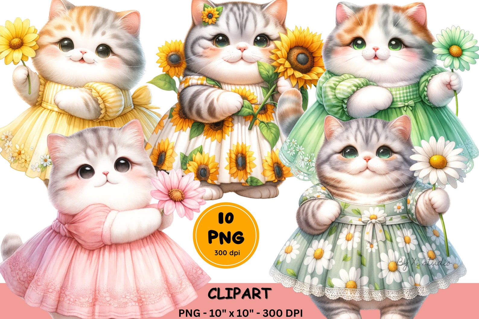 Cute Cat With Flower Clipart, Spring Cat Clipart, Watercolor Kitten ...