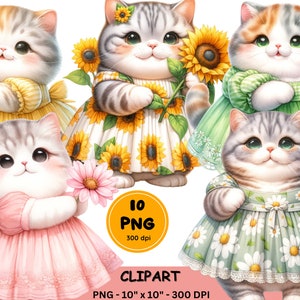 Cute Cat With Flower Clipart, Spring Cat Clipart, Watercolor Kitten ...
