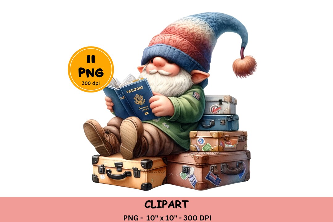 Watercolor Travel Gnome Clipart, Luggage, Suitcase Gnome Illustration ...
