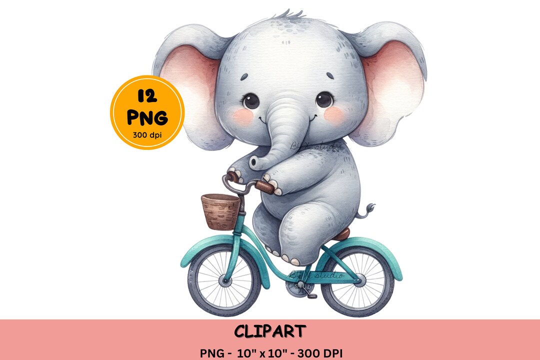 Watercolor Safari Animals on Bicycle Clipart, Cute Baby Animals Clipart ...