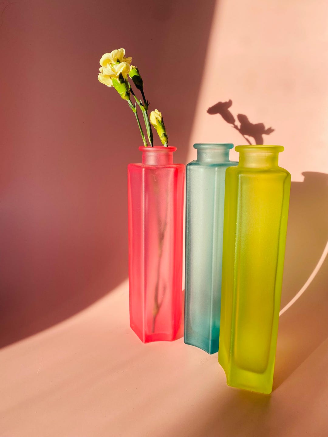 Vintage Ikea Somrig Bud Vase Glass Colourful Bottle Pink Blue Yellow ...