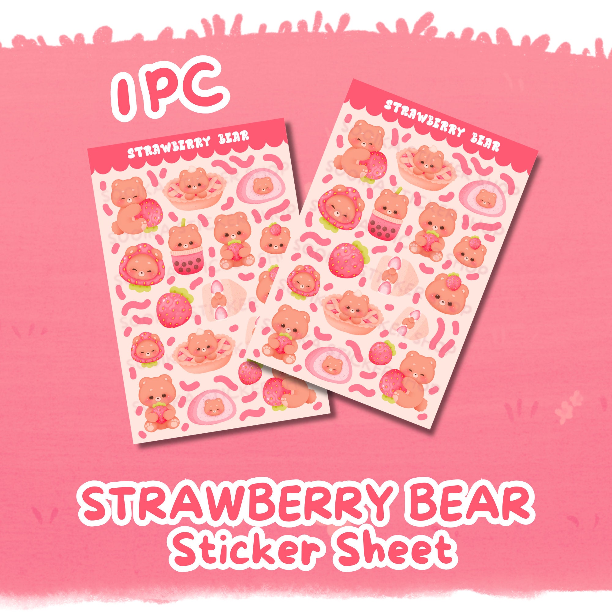 Strawberry Bear Kawaii Cute Aesthetic Bear Sticker Sheet Stationery for ...