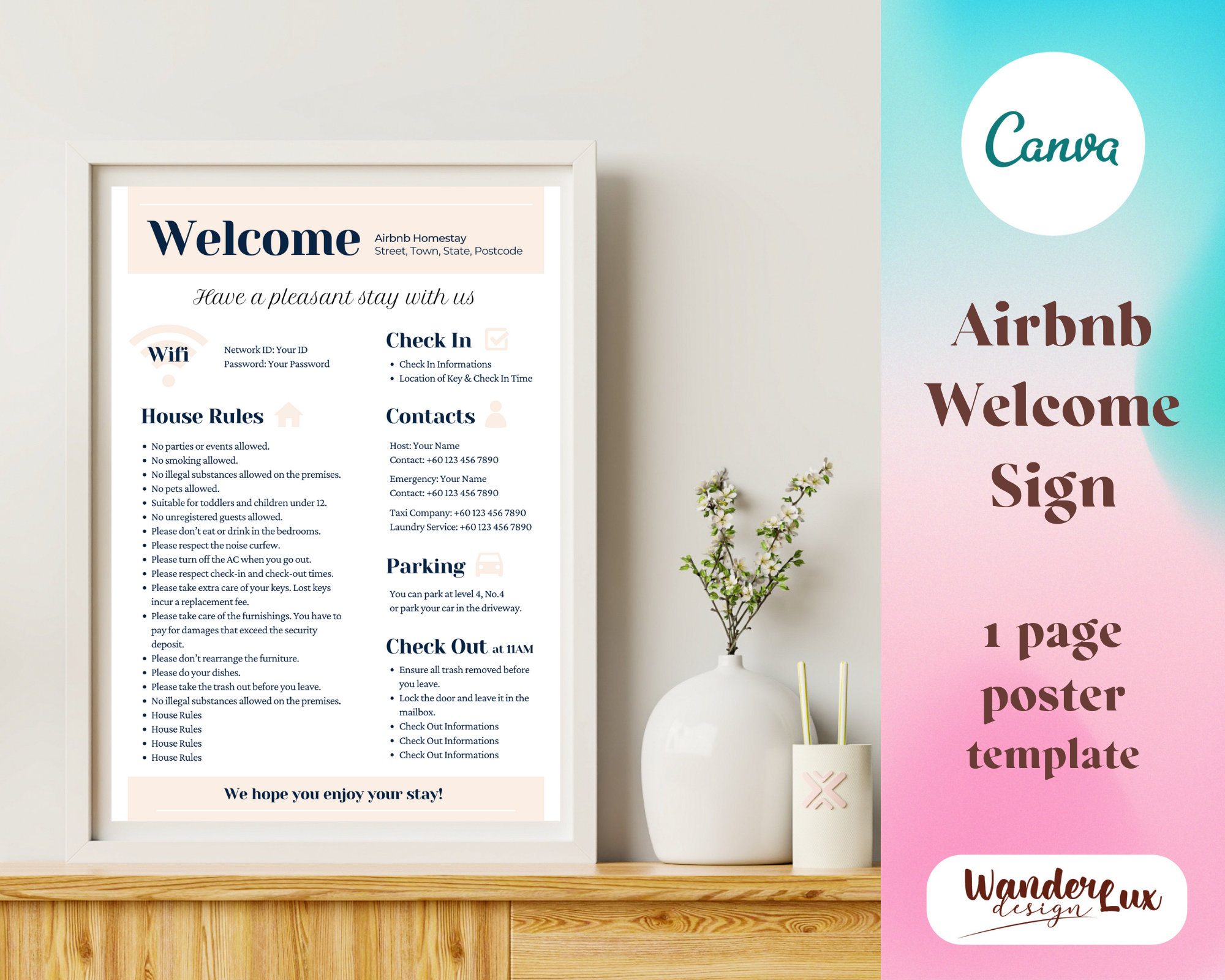 1 Page Airbnb Welcome Poster, Canva Editable Template, Wifi & House ...