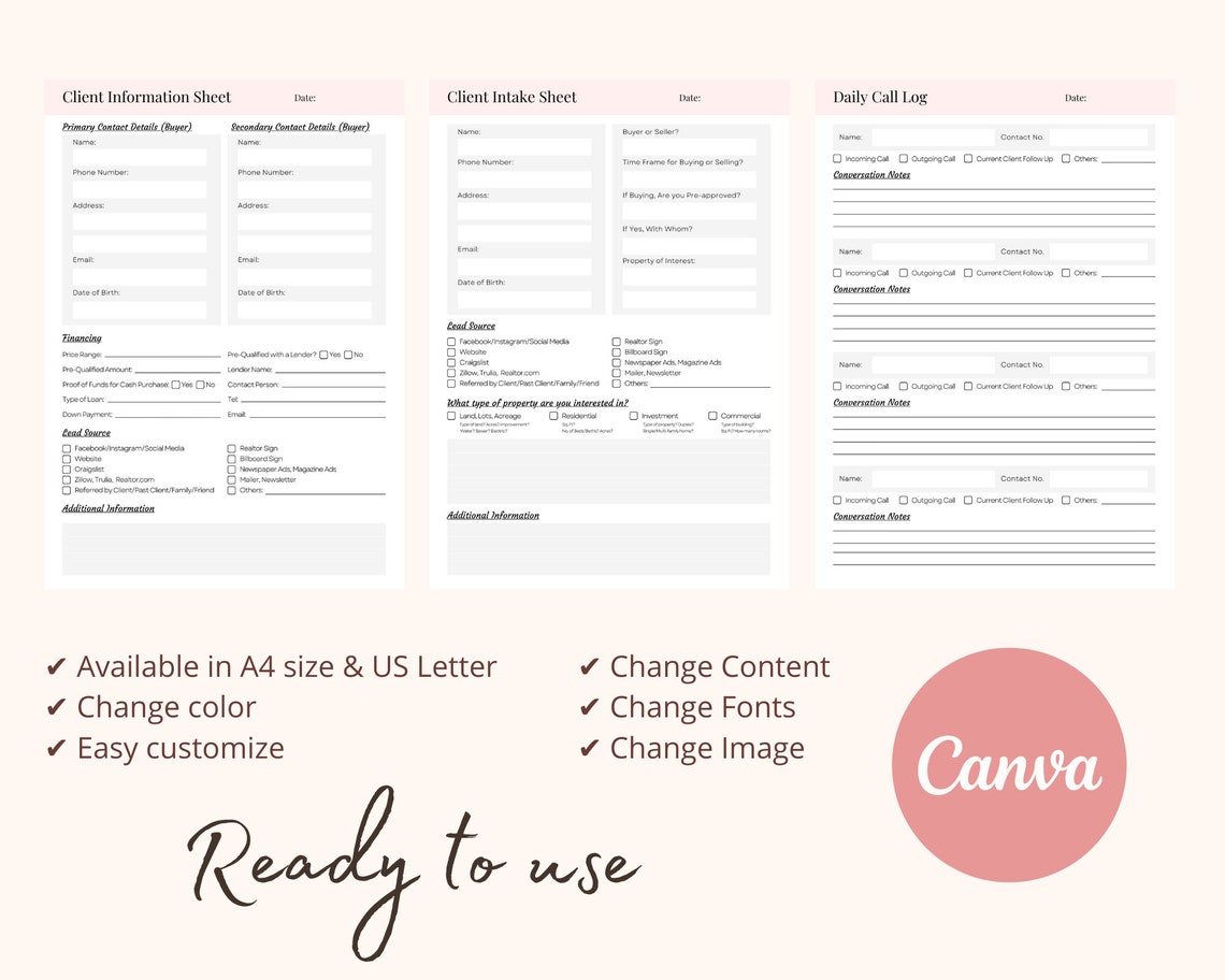 Realtor Client Intake Sheet, Real Estate Client Form, Client ...