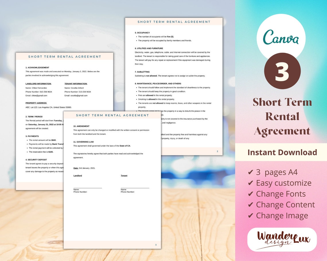 Short Term Rental Agreement, Vacation Rental, Rental Contract, Short ...