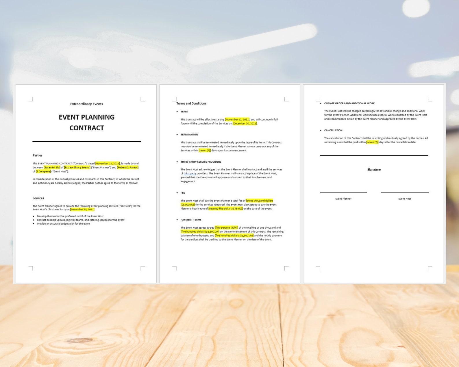 Event Planning Agreement, Contract for Event Planner, Event Venue ...