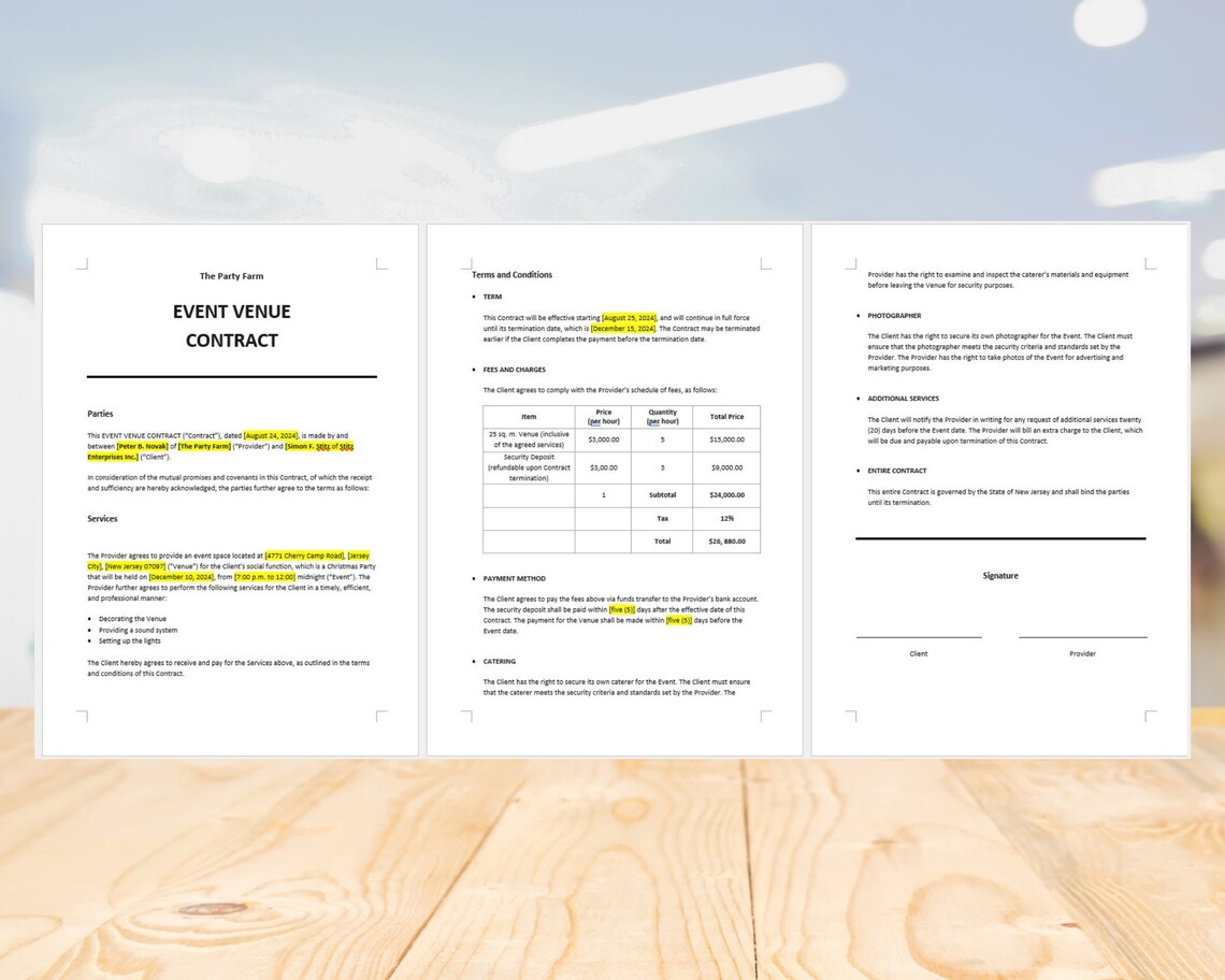 Event Planning Agreement, Contract for Event Planner, Event Venue ...
