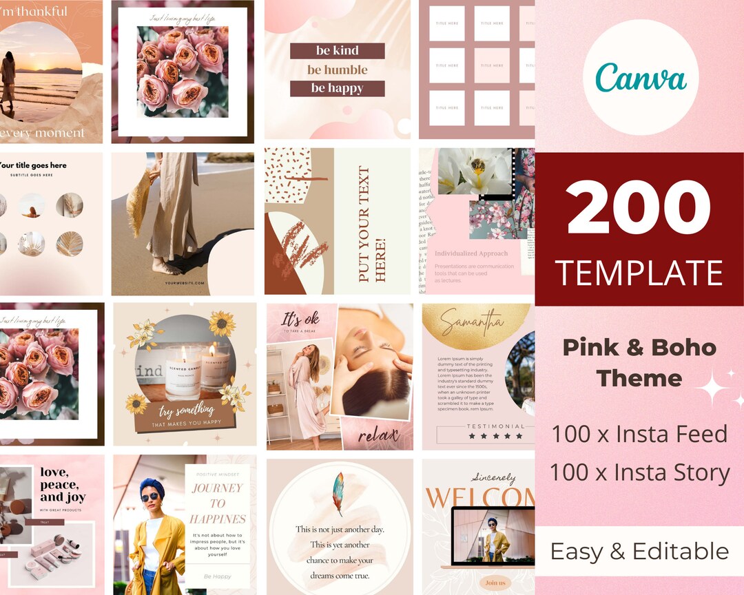 Pink Blush Boho Instagram Templates: Social Media Engagement (canva ...