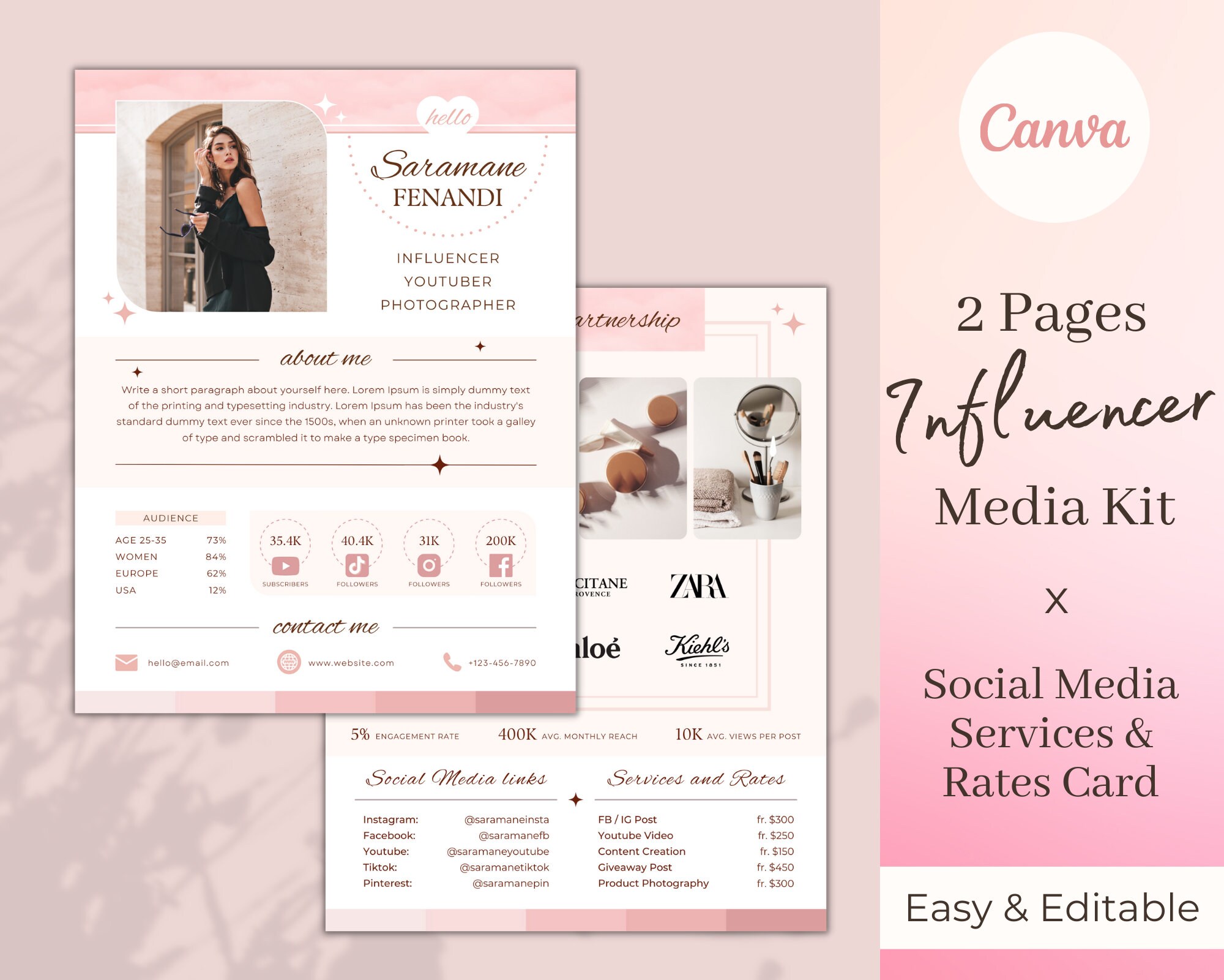 2 Pages Media Kit Template Influencer Media Kit Instagram - Etsy