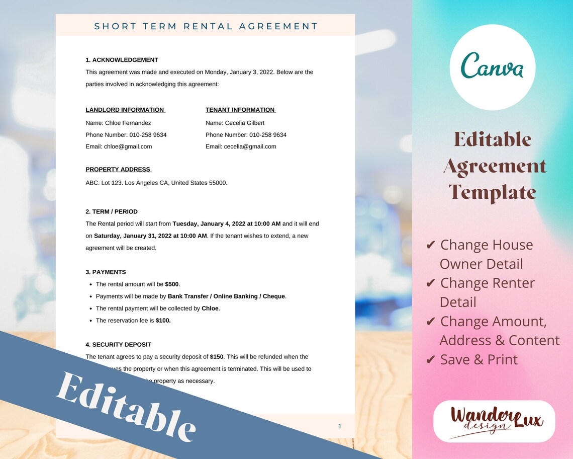 Short Term Rental Agreement, Vacation Rental, Rental Contract, Short ...