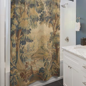 Medieval Tapestry Shower Curtain, Forest Green Verdure Geese Victorian ...