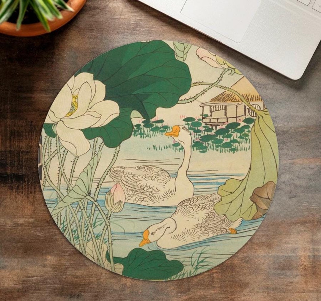 Goose Pond Mouse Pad, Japanese Vintage Kacho-e Bairei Painting Round ...