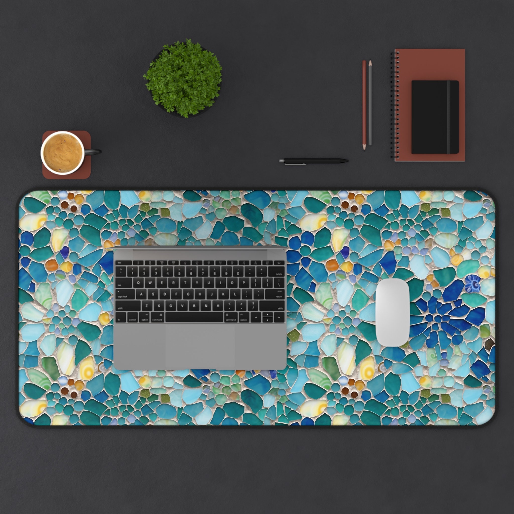 Mosaic Sea Glass Desk Mat in 3 Sizes, Aqua Teal Blue Colorful Flowers ...