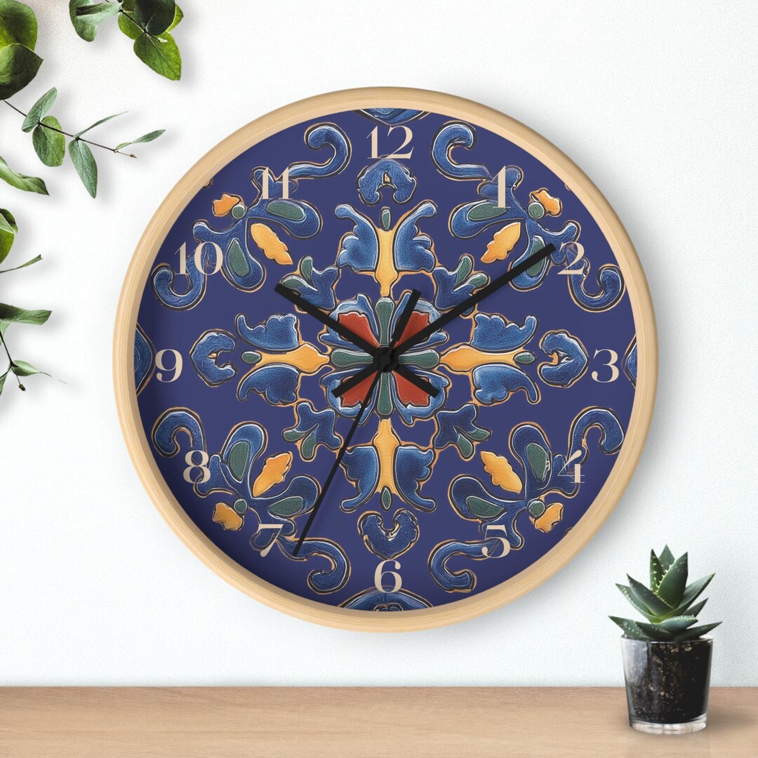 Mexican Talavera Wall Clock Wood Frame, Inspired by Spanish Portuguese ...
