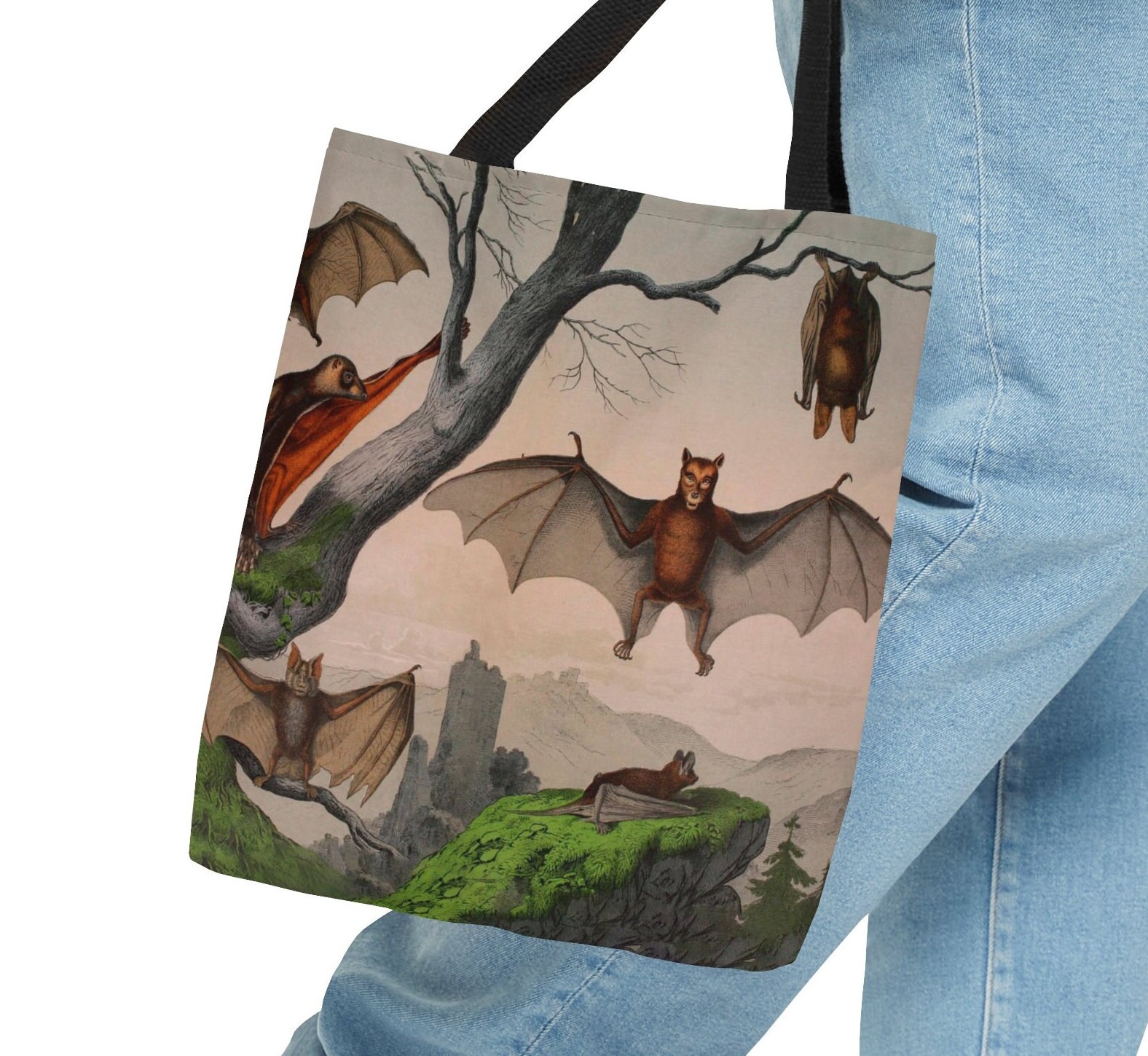Bats and Flying Lemur Tote Bag 3 Sizes, Vintage Bat Gothic Landscape ...