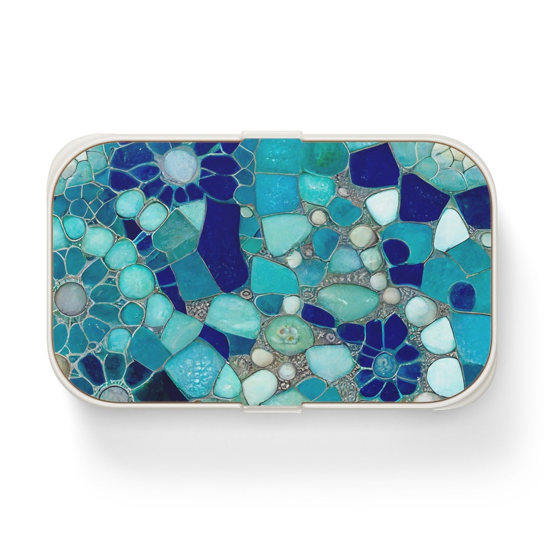 Mosaic Bento Box, Blue Ocean Sea Glass Flowers Japanese Lunch Box for ...