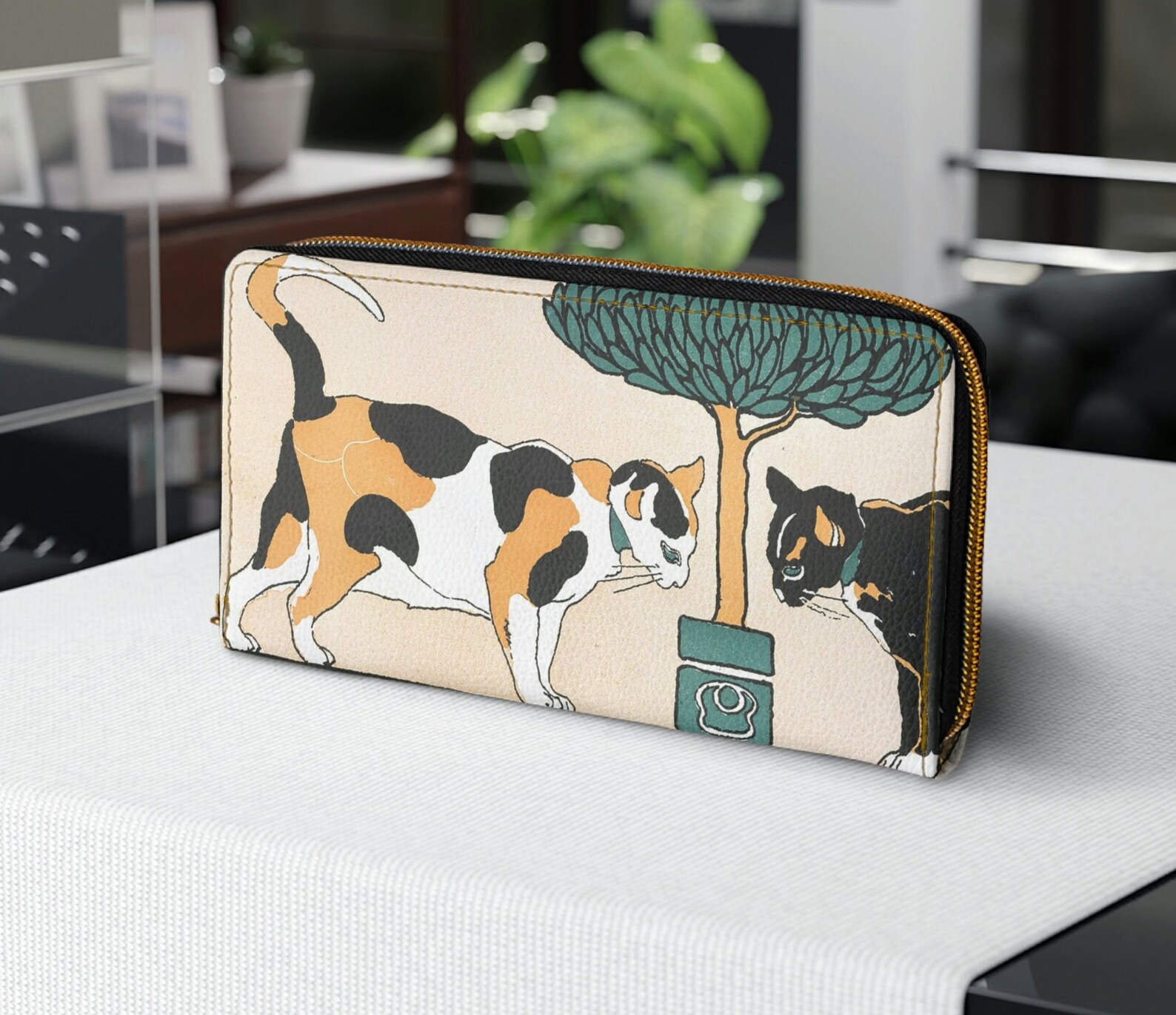 Black and Calico Cat Zipper Wallet, Zip Around Vegan Leather Wallet ...