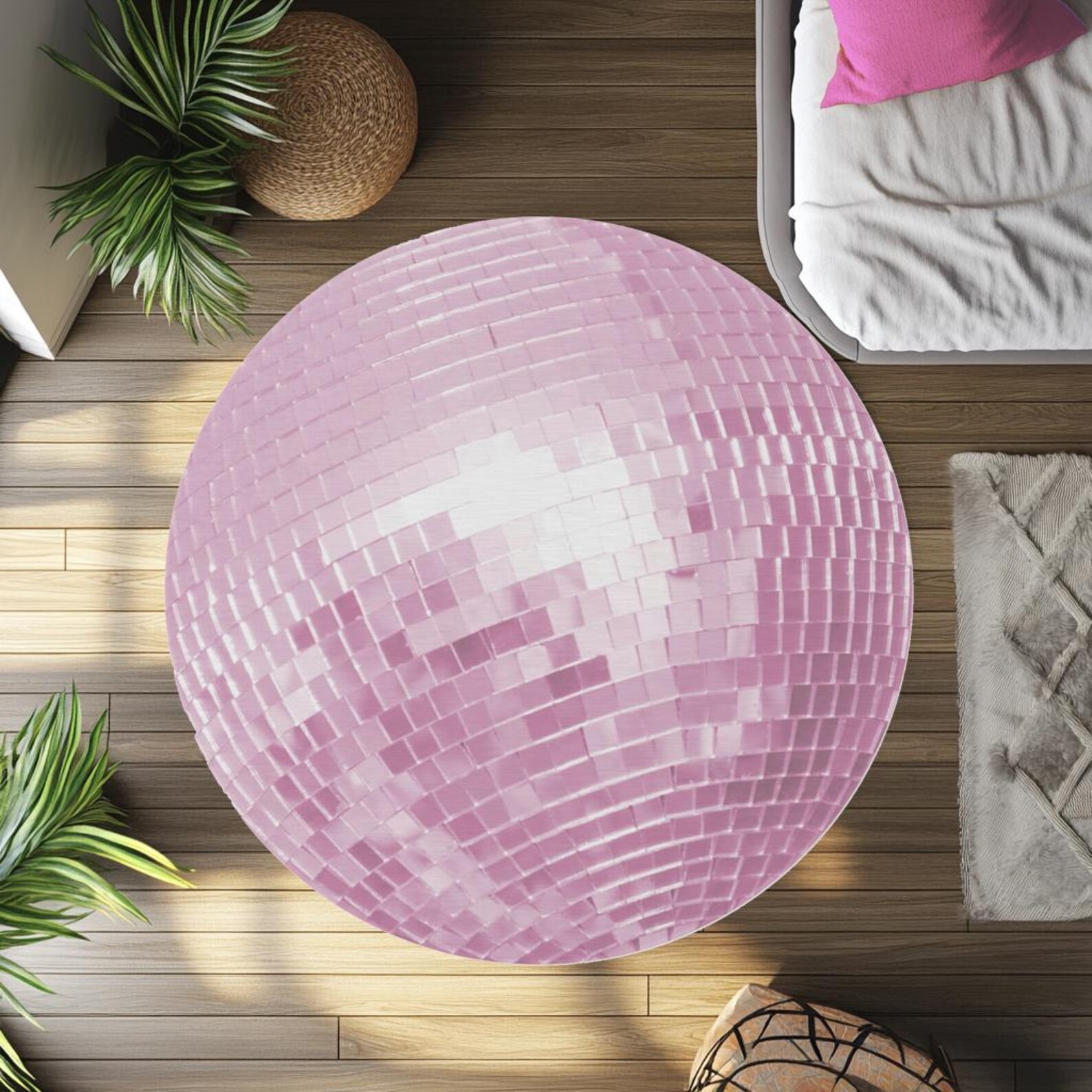 Pink Disco Ball Round Area Rug, Dance Party Large 60" Circle Accent ...