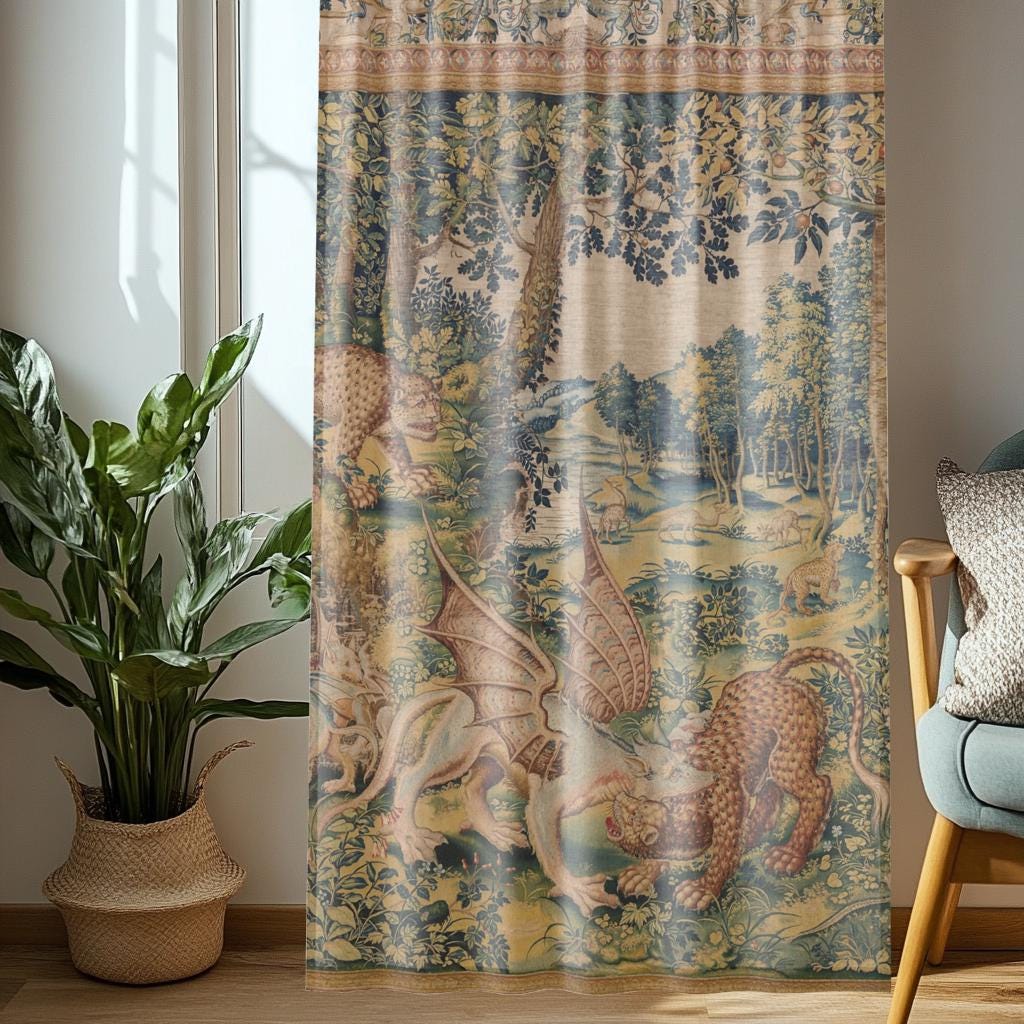 Medieval Dragon & Panther Curtain Panel, Blackout Sun Blocking Shade ...