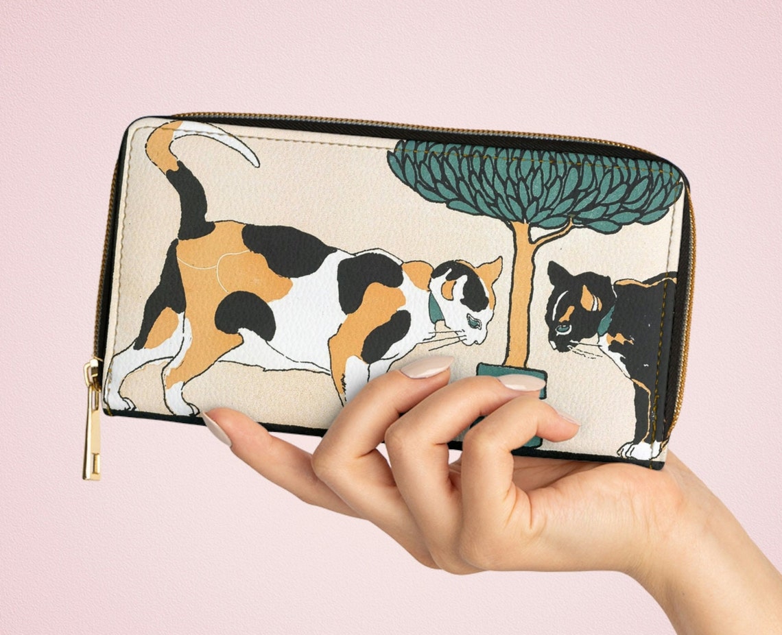 Black and Calico Cat Zipper Wallet, Zip Around Vegan Leather Wallet ...