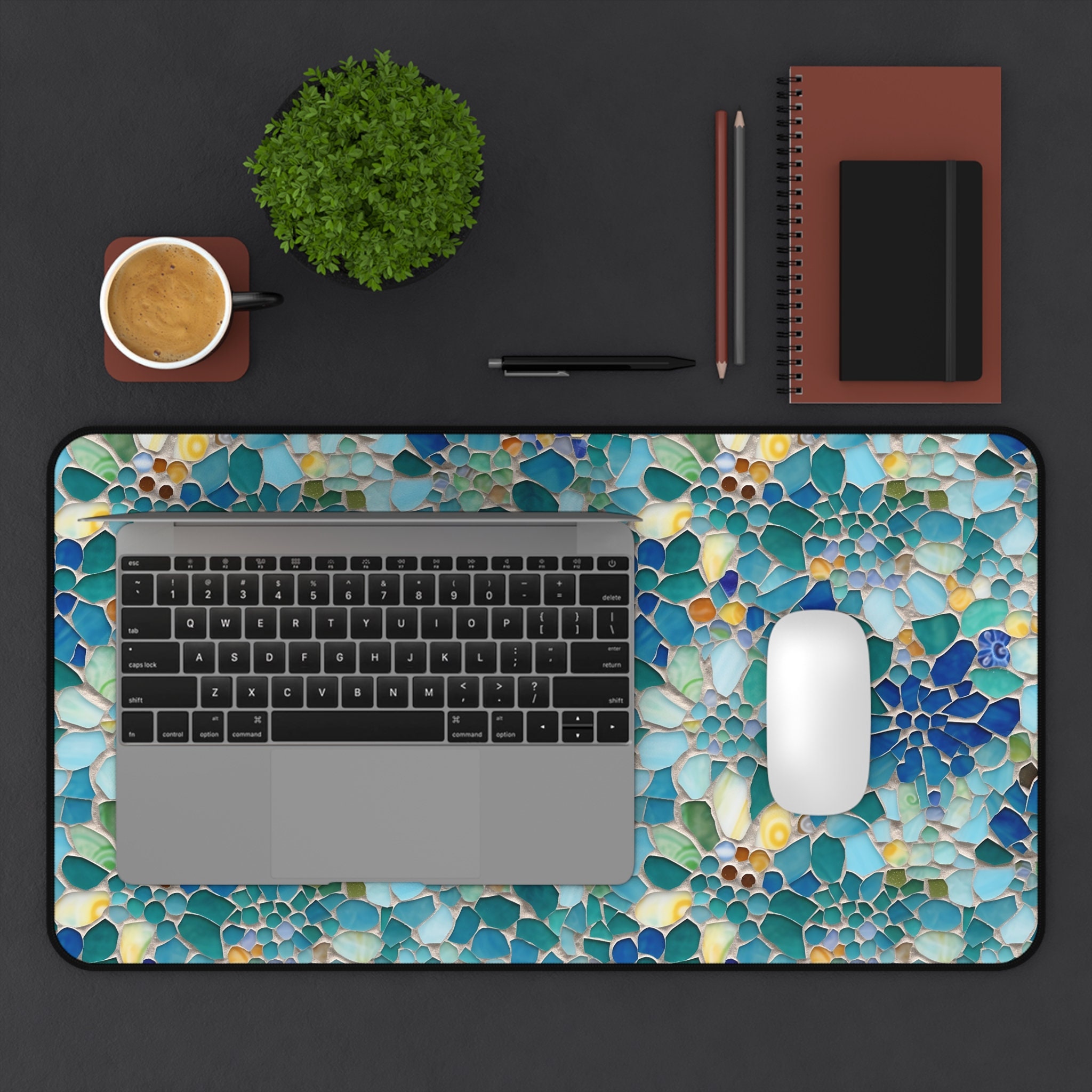 Mosaic Sea Glass Desk Mat in 3 Sizes, Aqua Teal Blue Colorful Flowers ...