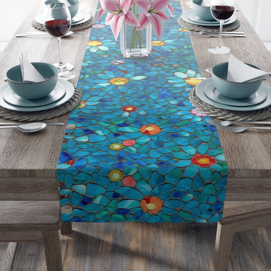 Mosaic Flowers Table Runner, Antoni Gaudi Barcelona Blue Yellow Red ...