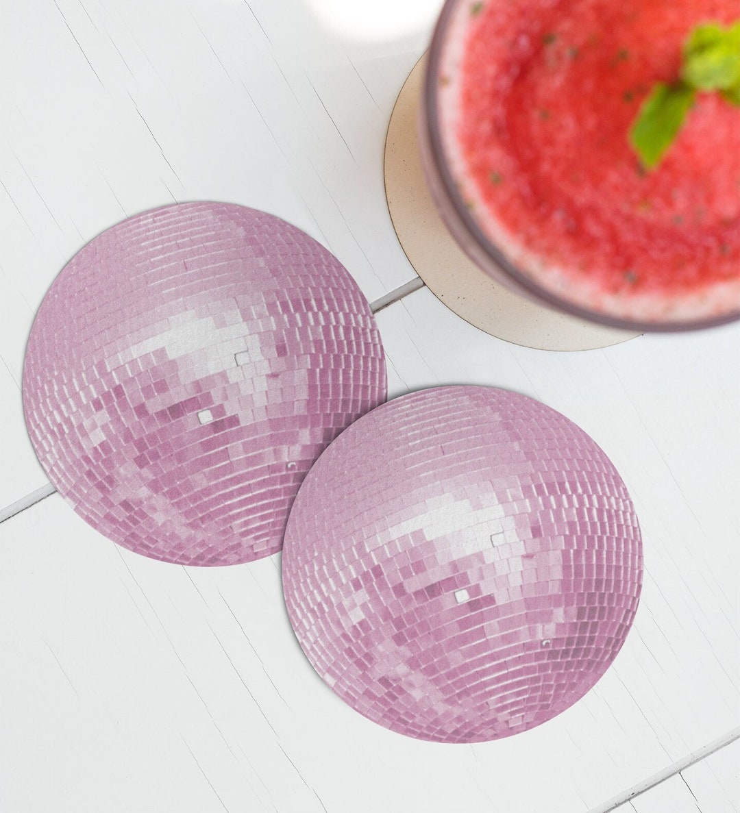 Pink Disco Ball Coaster Sets, Round Cork Disco Party Decor Favors ...