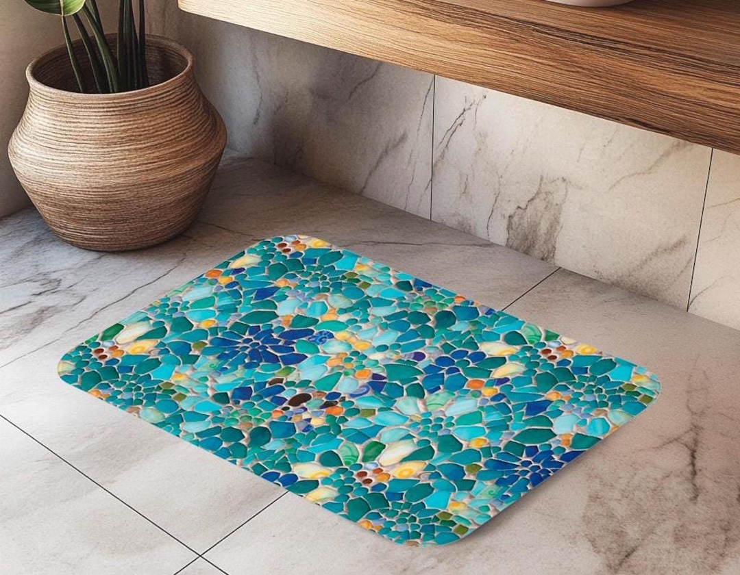 Sea Glass Mosaic Bath Mat, Barcelona Gaudi Inspired Flowers Soft Comfy ...