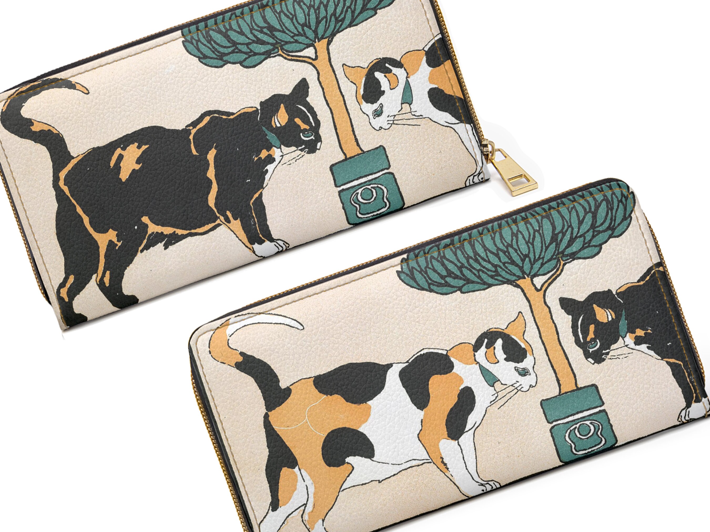 Black and Calico Cat Zipper Wallet, Zip Around Vegan Leather Wallet ...