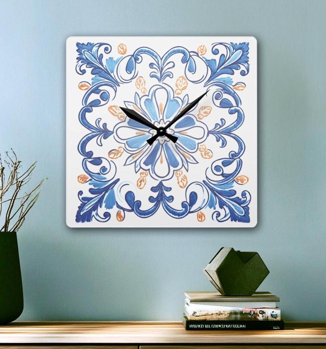 Mexican Tile Wall Clock, Silent Square Acrylic Decorative Boho Spanish ...