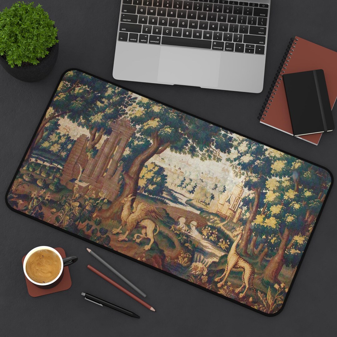 Medieval Gryphon Desk Mat, Vintage Castle Garden Forest French Verdure ...