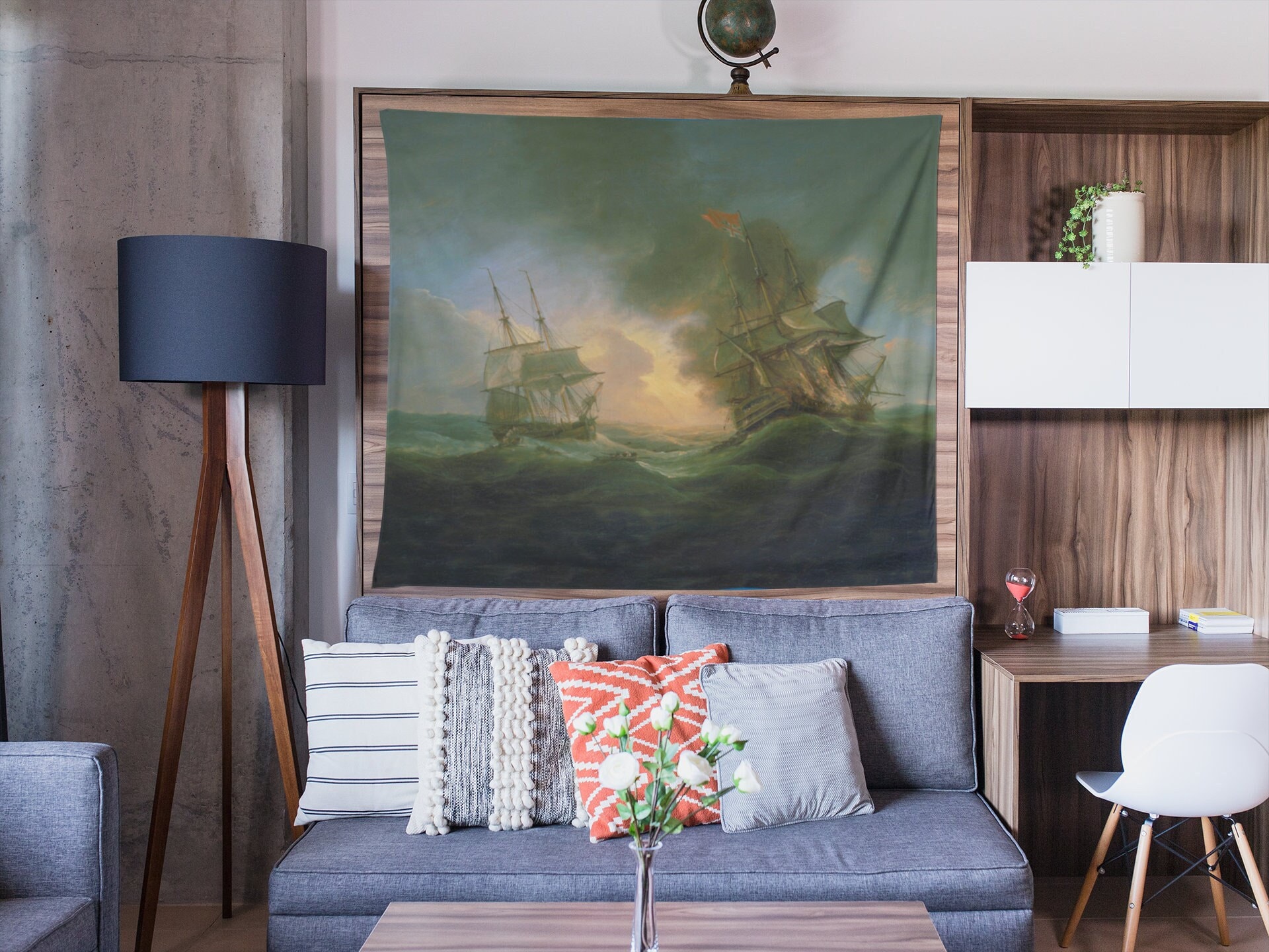 Pirate Tall Ship Battle Tapestry, Vintage Wooden Boat Sailing Wall ...