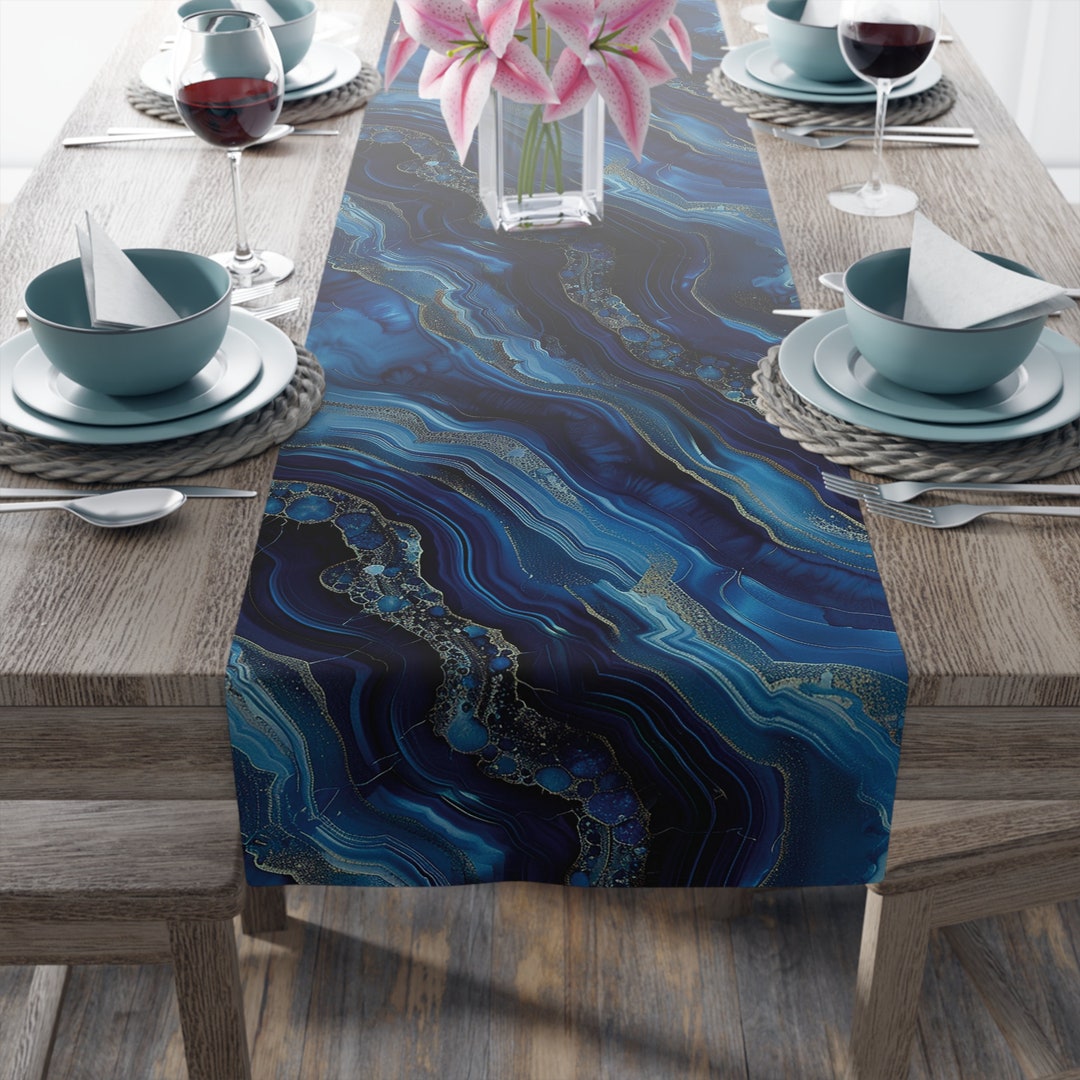 Indigo Geode Agate Table Runner, Blue Geode Slice Art Abstract Crystal ...