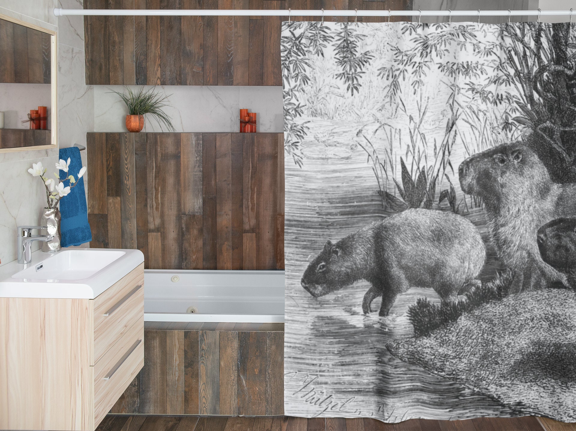 Capybara Shower Curtain, Giant Cavy Rodent Bathroom Decor, Vintage ...