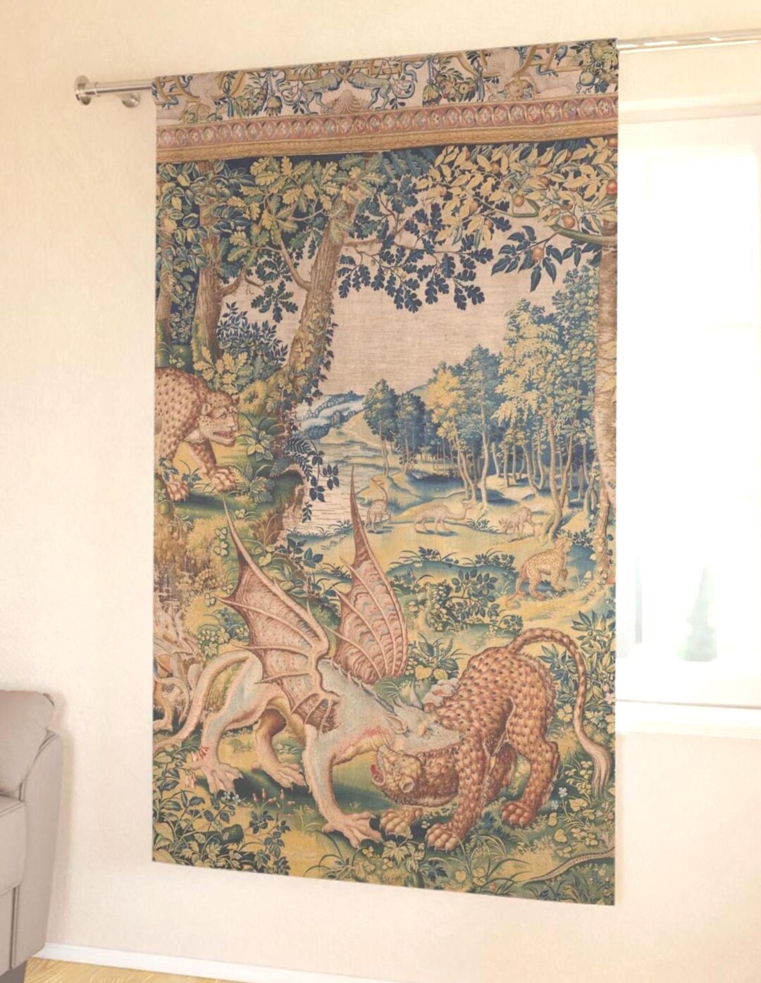 Medieval Dragon & Panther Curtain Panel, Blackout Sun Blocking Shade ...