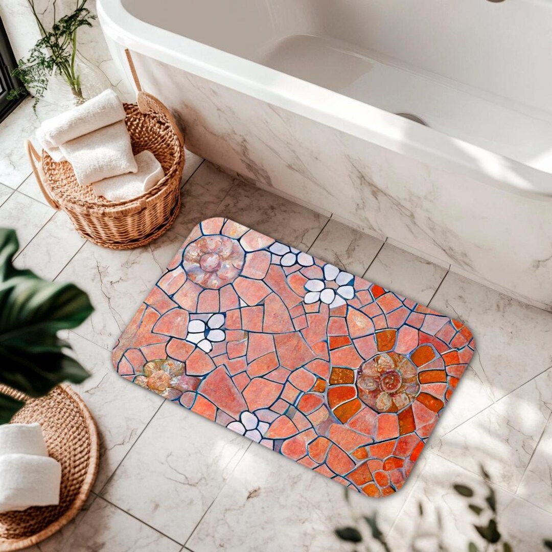 Terra Cotta Mosaic Bath Mat, Gaudi Inspired Barcelona Floral Red Orange ...