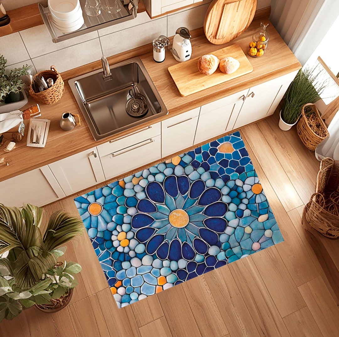 Blue and Yellow Flowers Mosaic Door Mat, Colorful Welcome Mat ...