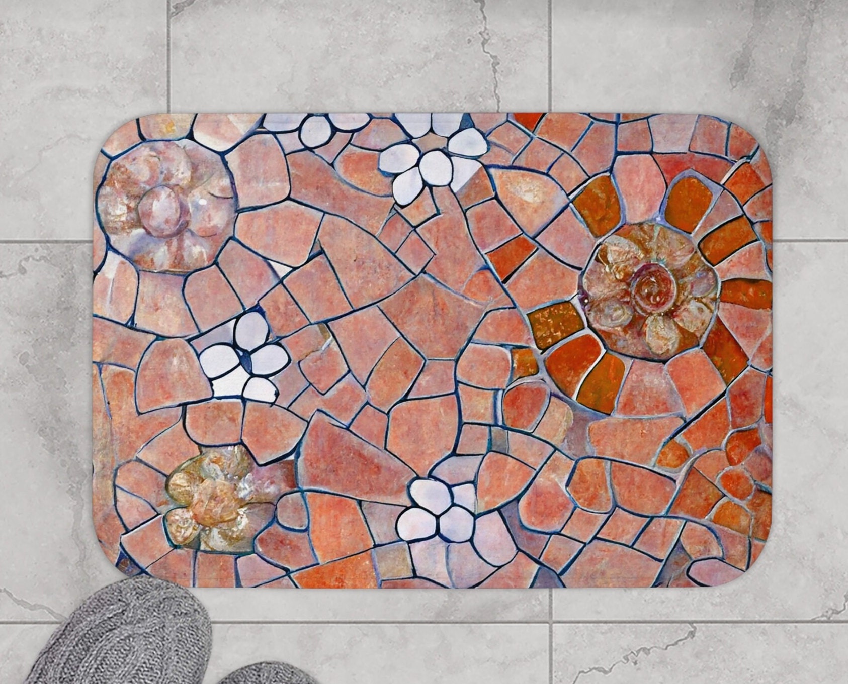 Terra Cotta Mosaic Bath Mat, Antoni Gaudi Unique Barcelona Boho Flowers ...