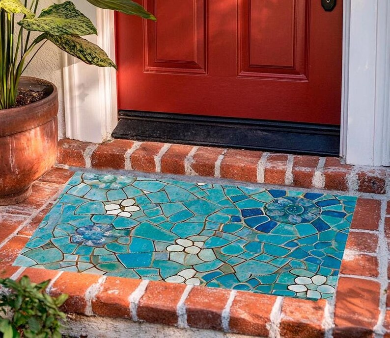 Blue Flowers Gaudi Door Mat, Mosaic Doormat, Colorful Welcome Mat ...