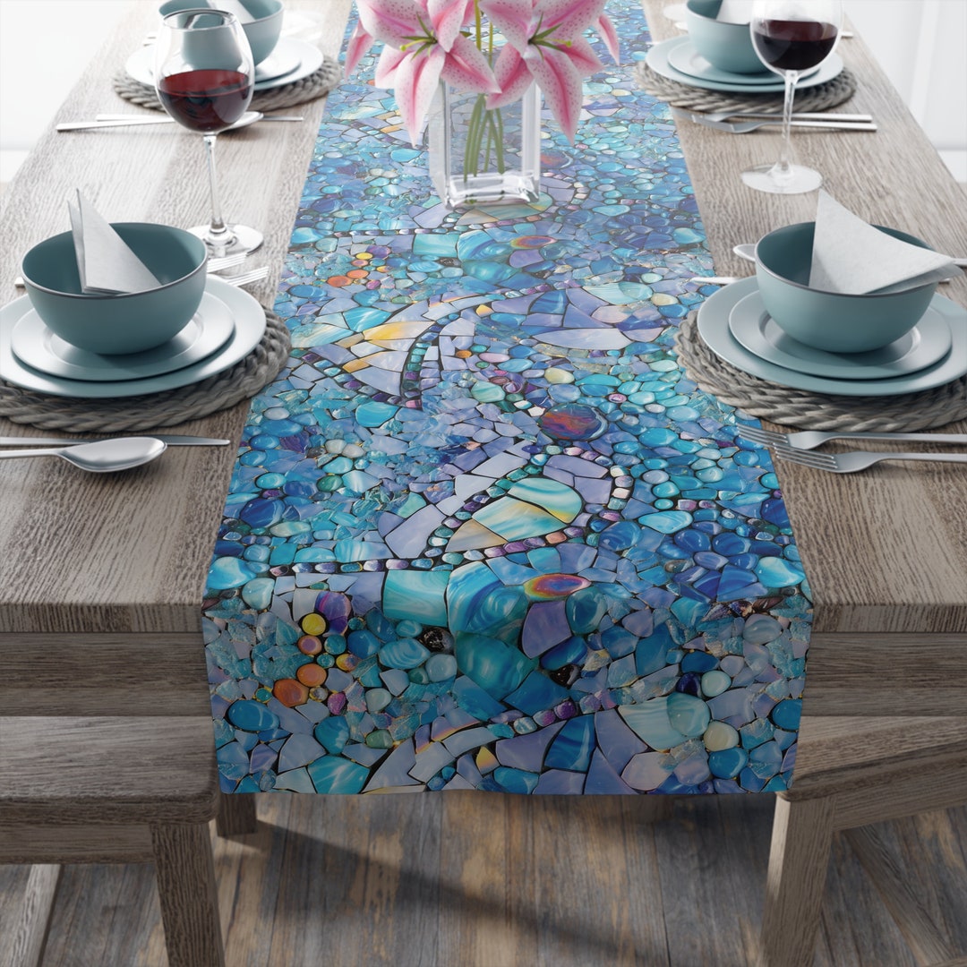 Sea Glass Mosaic Long Table Runner, Abstract Blue Beach Glass Antoni ...